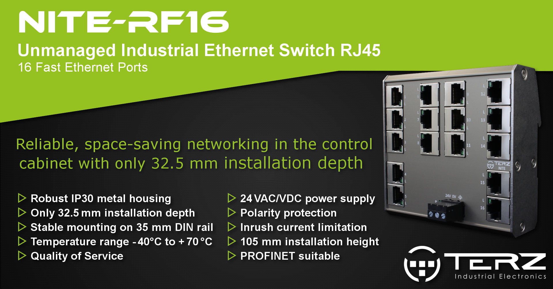 TERZ Flat Compact RJ45 Industrial Ethernet Switch with 16 Ports