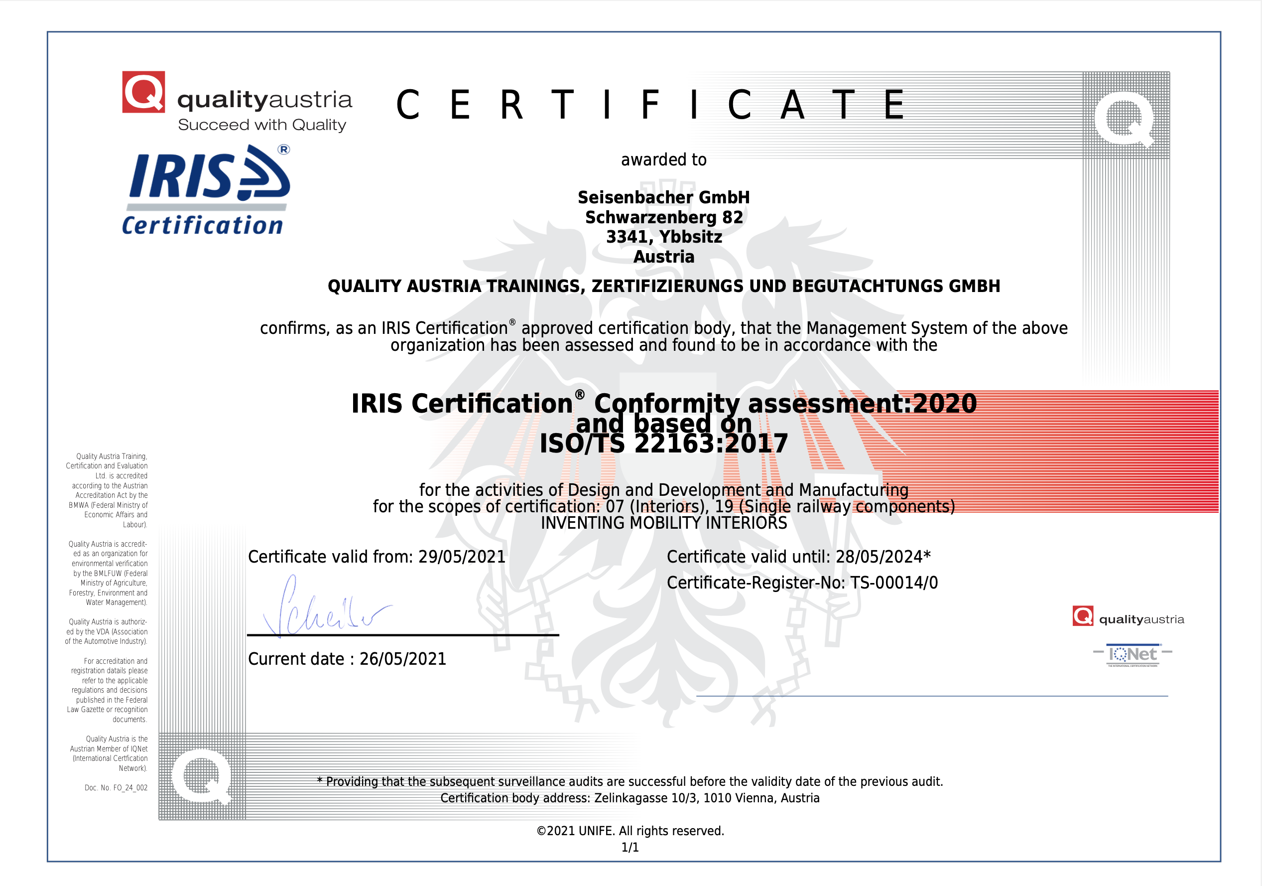 Seisenbacher GmbH: IRIS Certification Conformity Assessment Certificate
